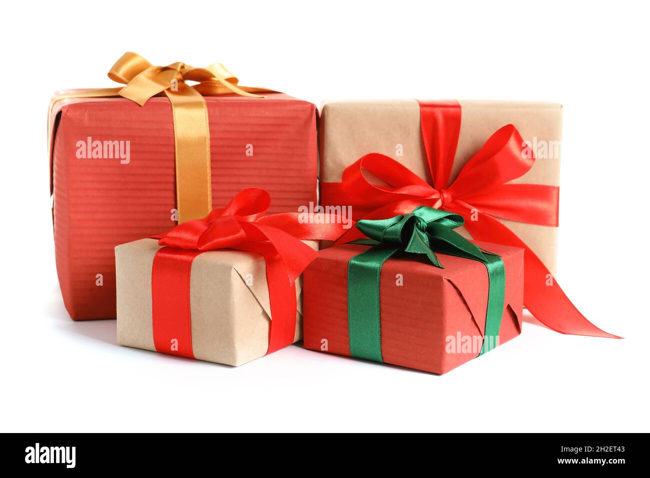 Beautifully wrapped gift boxes on white background Stock Photo - Alamy