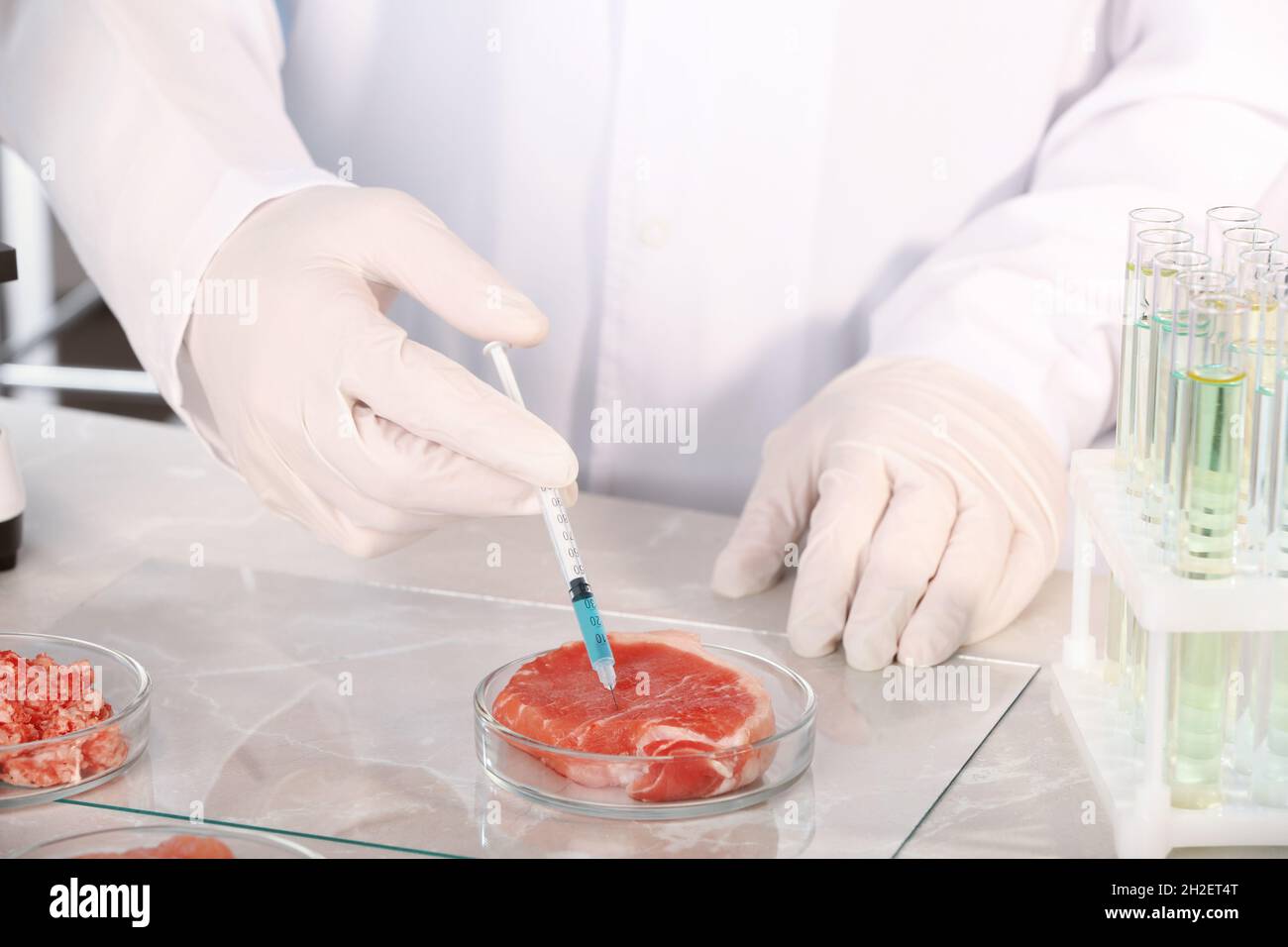Scientist injecting liquid into meat sample in laboratory, closeup ...