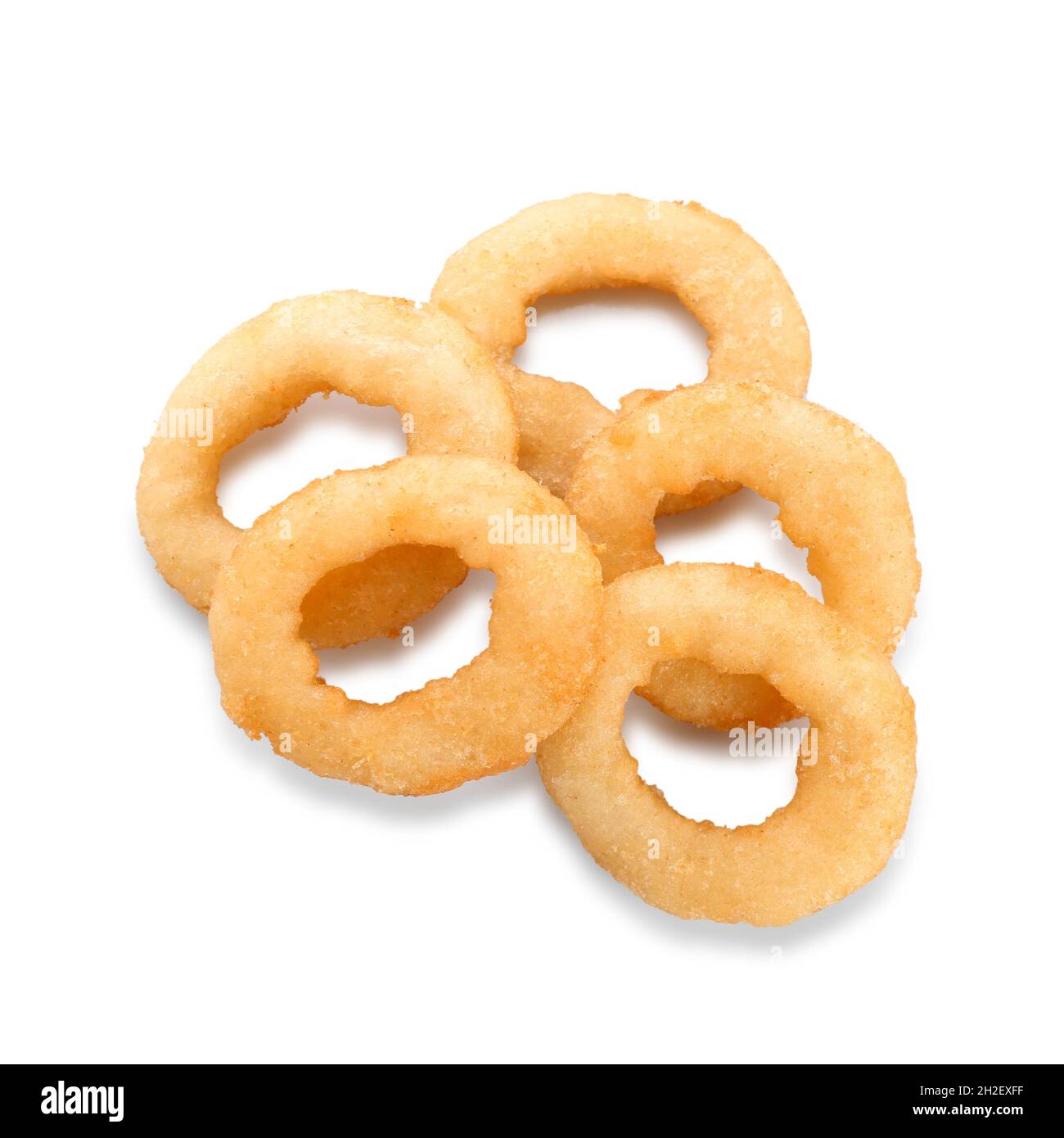 Freshly cooked onion rings on white background, top view Stock Photo ...