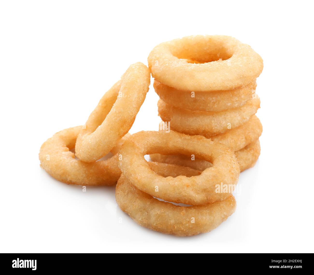 Freshly cooked onion rings on white background Stock Photo - Alamy