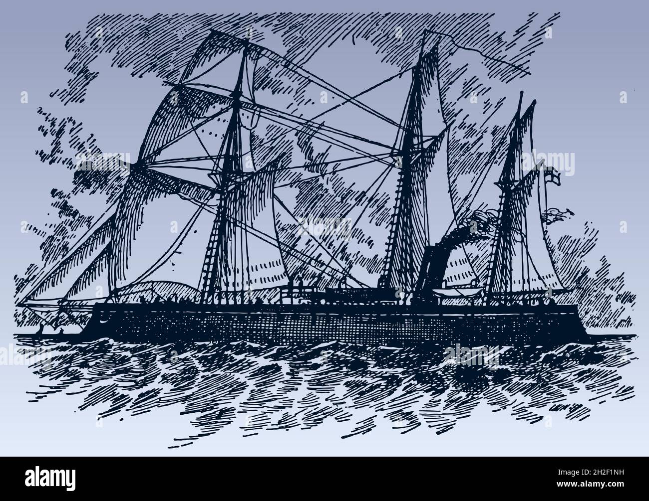 Iron steamship under full sails on wavy sea, after antique sketch from ...