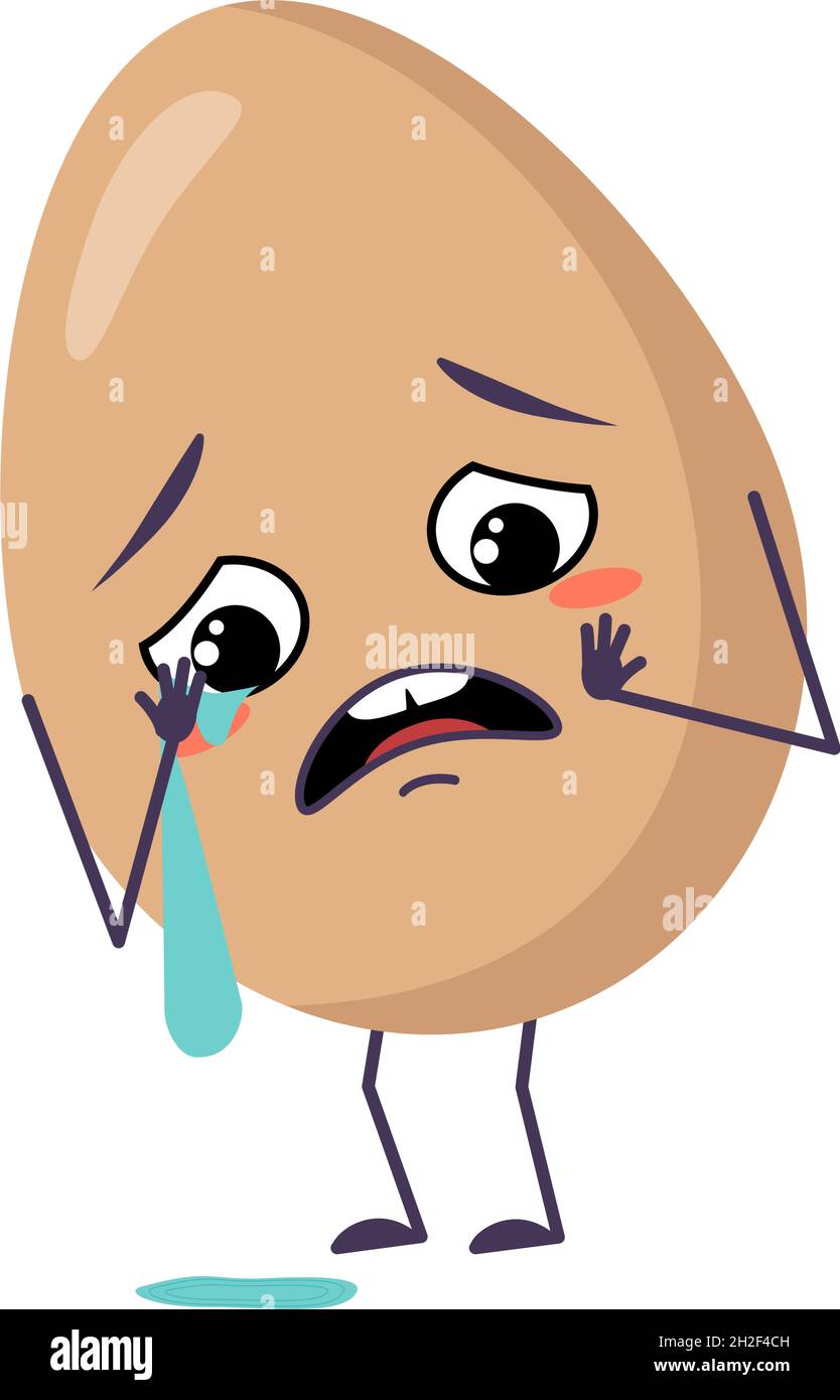 Cute egg characters with crying and tears emotions, face, arms and legs ...