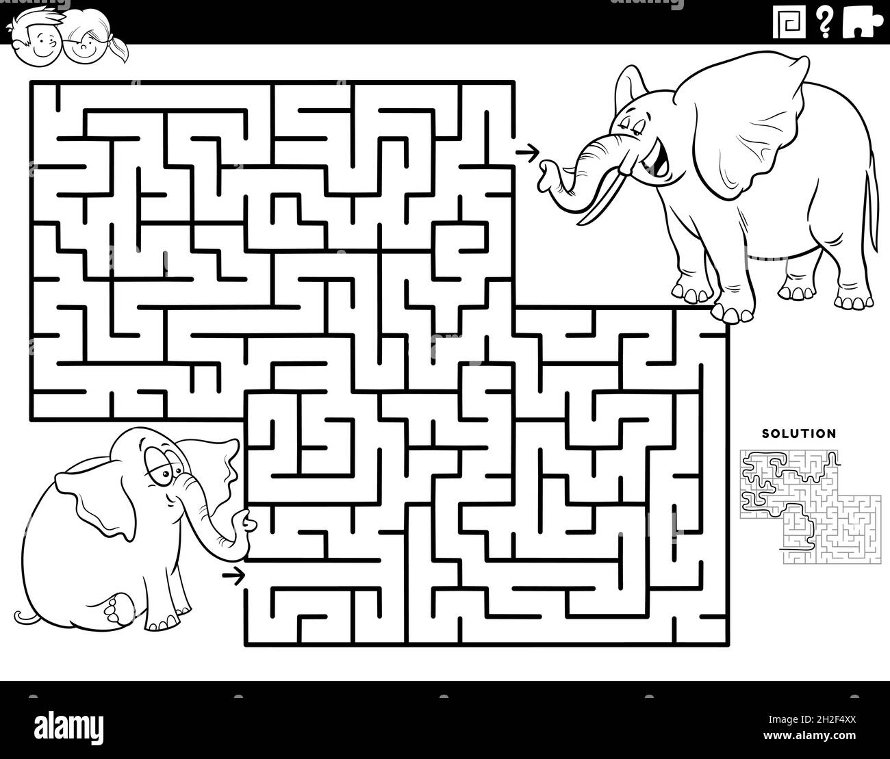 Black and white cartoon illustration of educational maze puzzle game ...