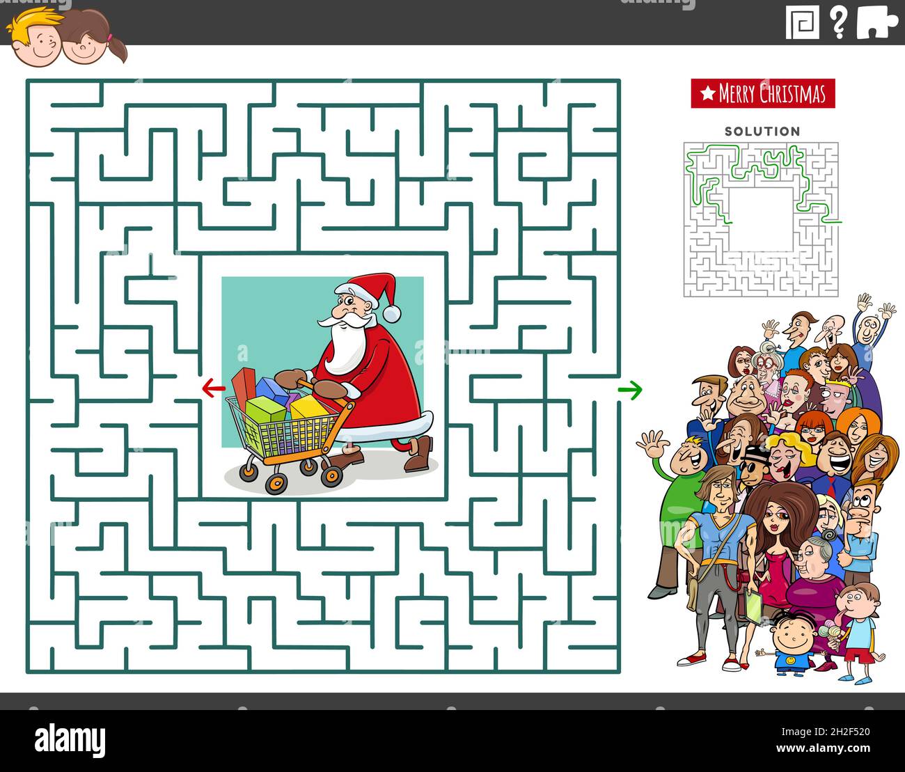 Cartoon illustration of educational maze puzzle game with Santa Claus ...
