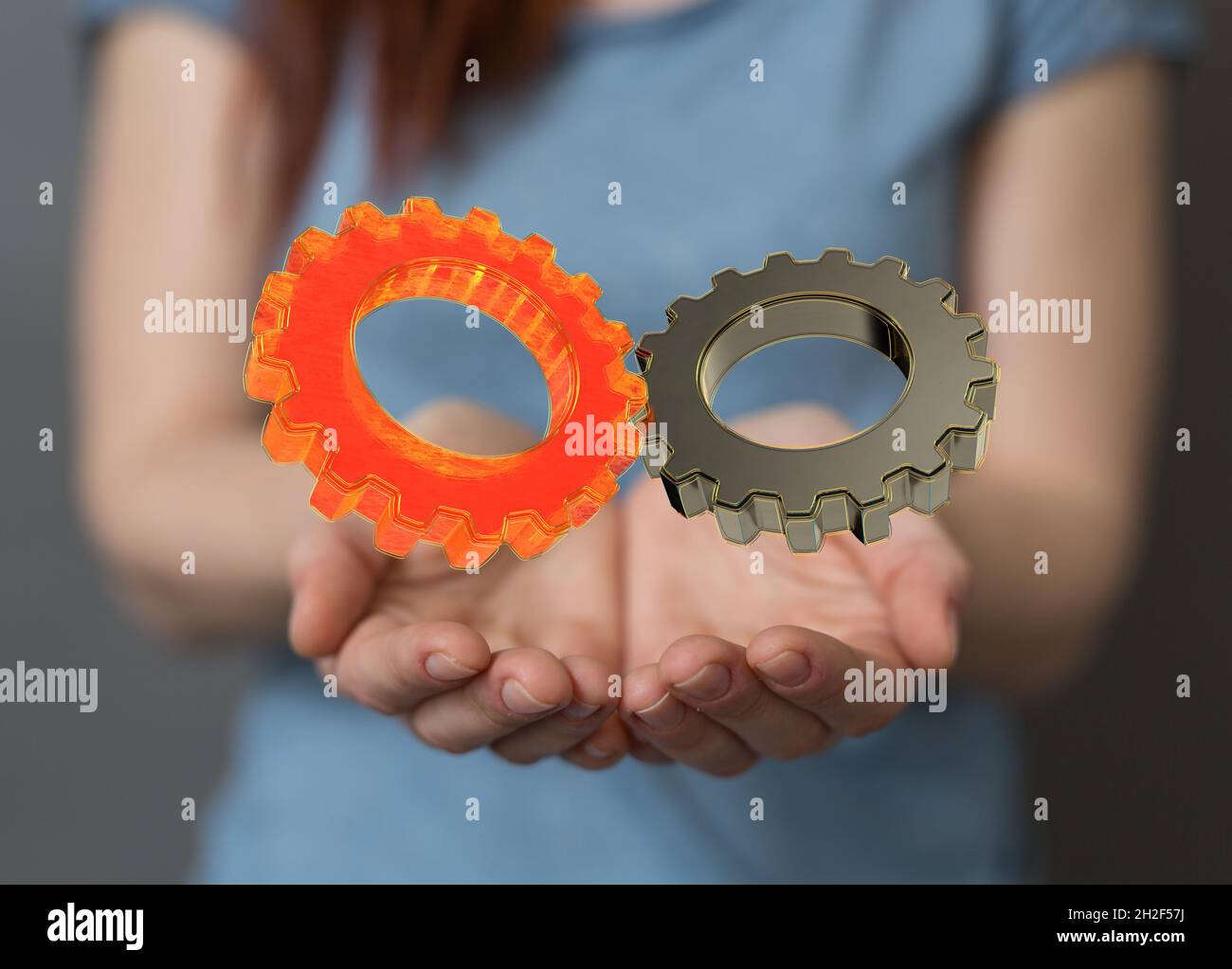 Human hand showing a 3D rendering of abstract digital gears Stock Photo ...