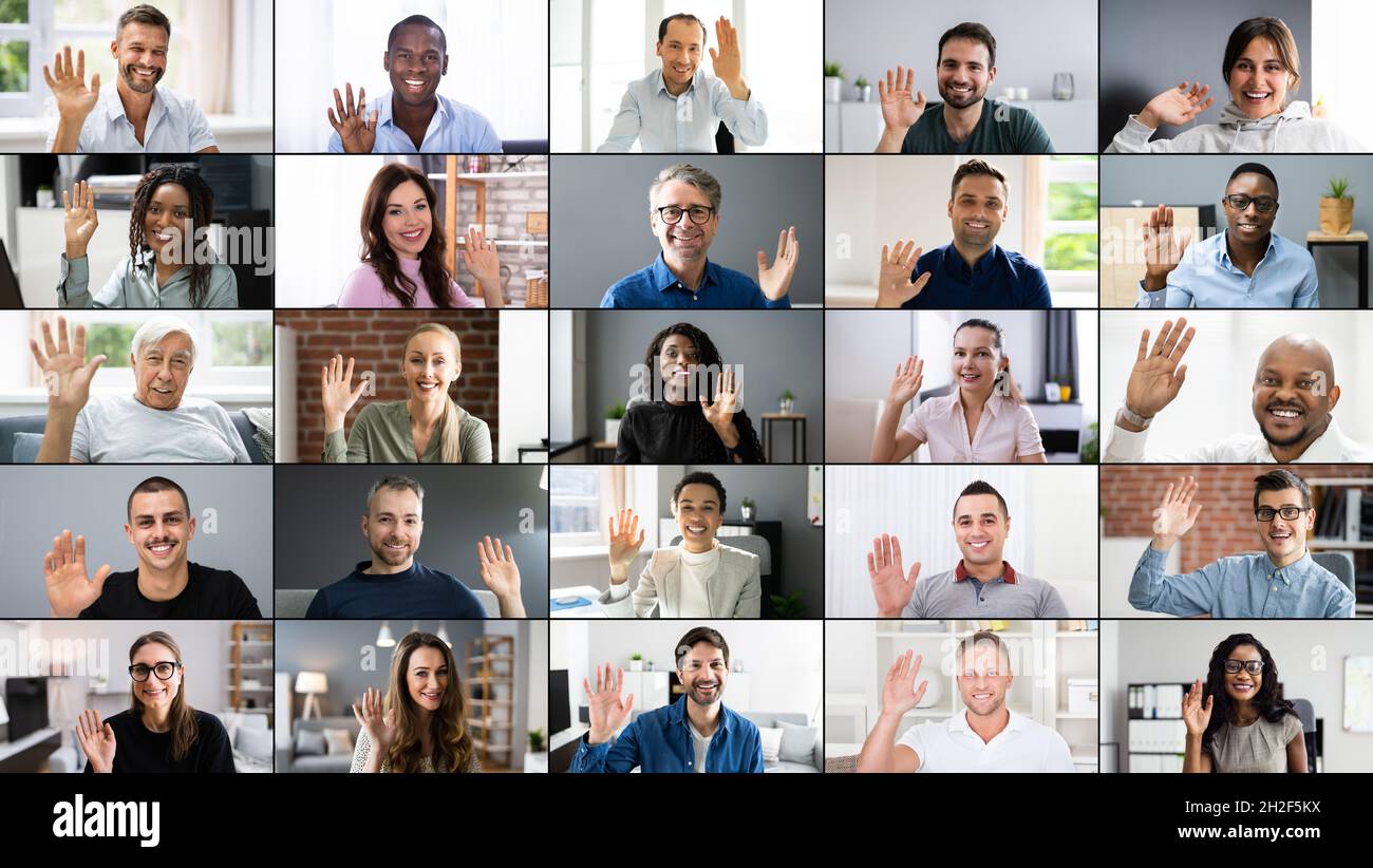 Online Video Conferencing Call Waving Hand Group Chat Screen Stock ...