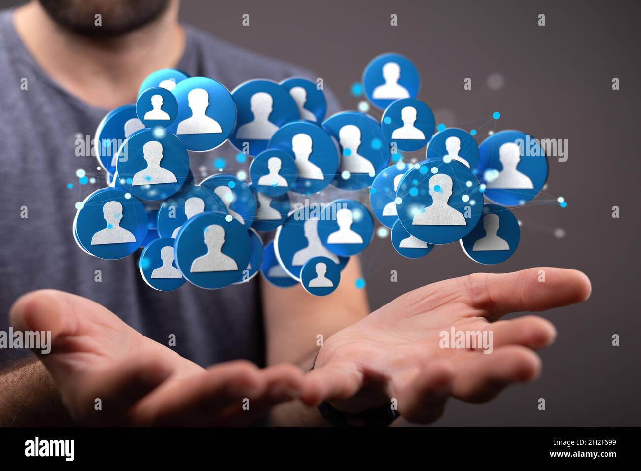 Male's hands holding illustrated internet net and data digital concept ...