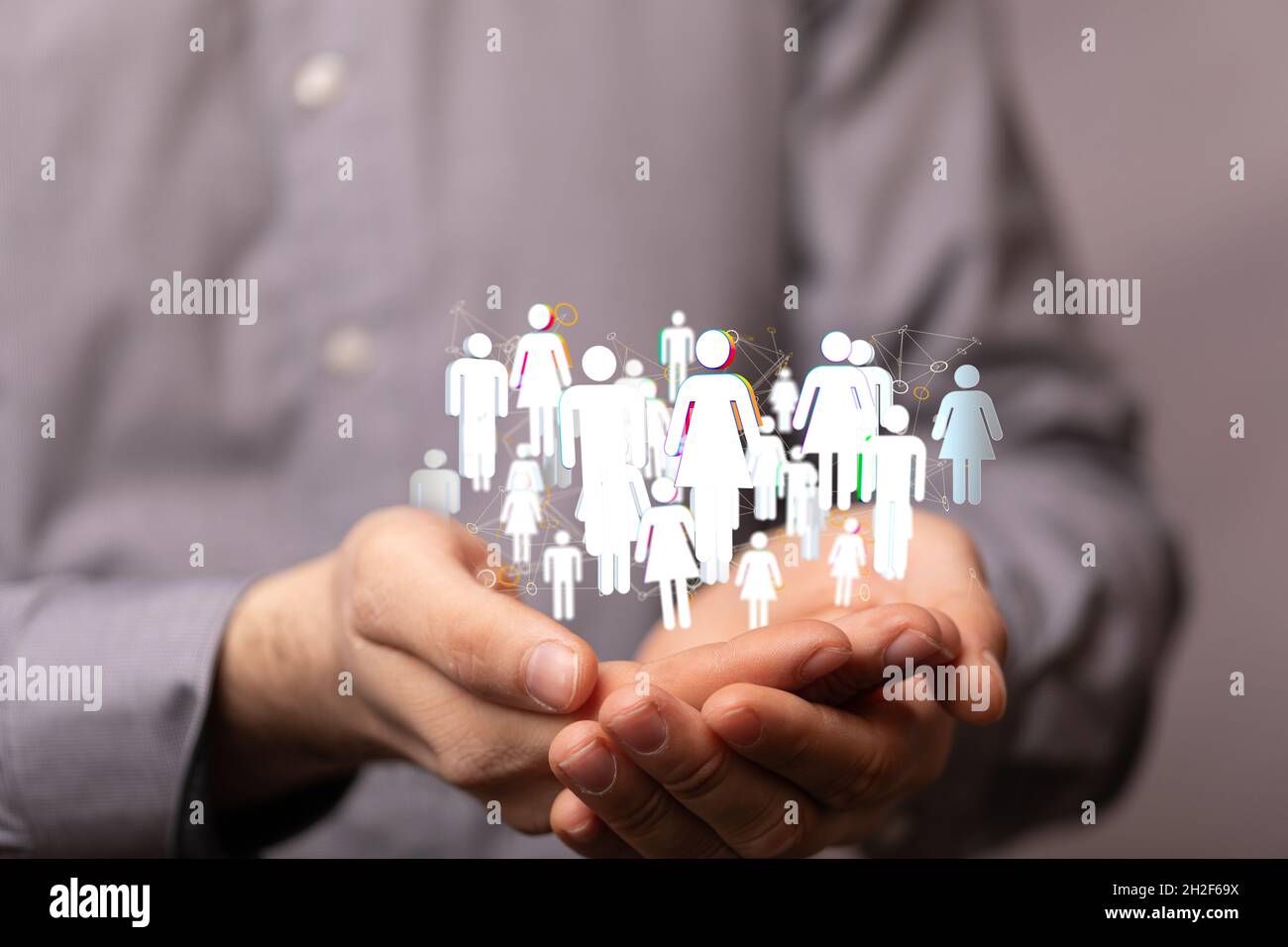 Male's hands holding illustrated network connection with statistics ...