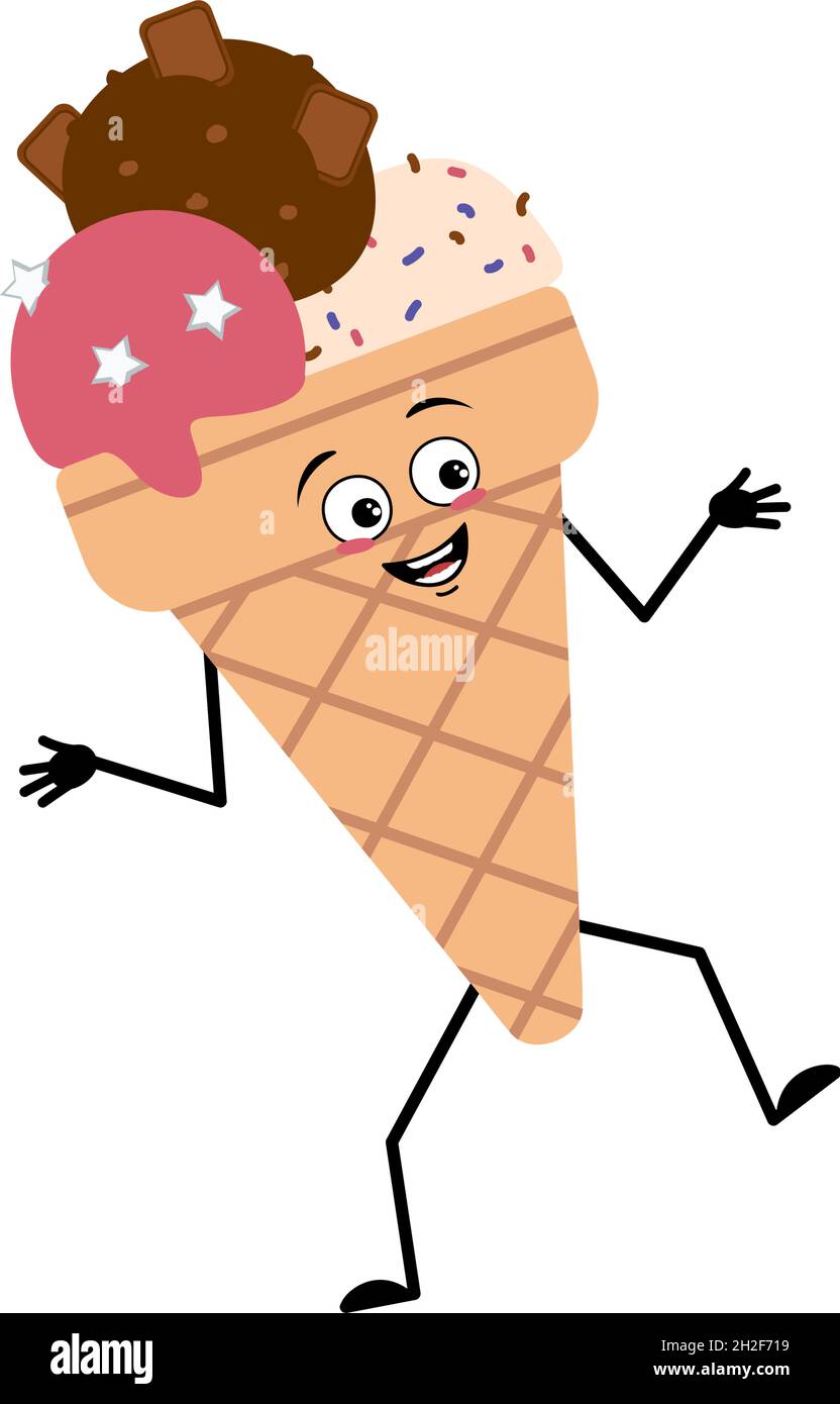 Cute ice cream character with emotions dancing, smile face, arms and ...