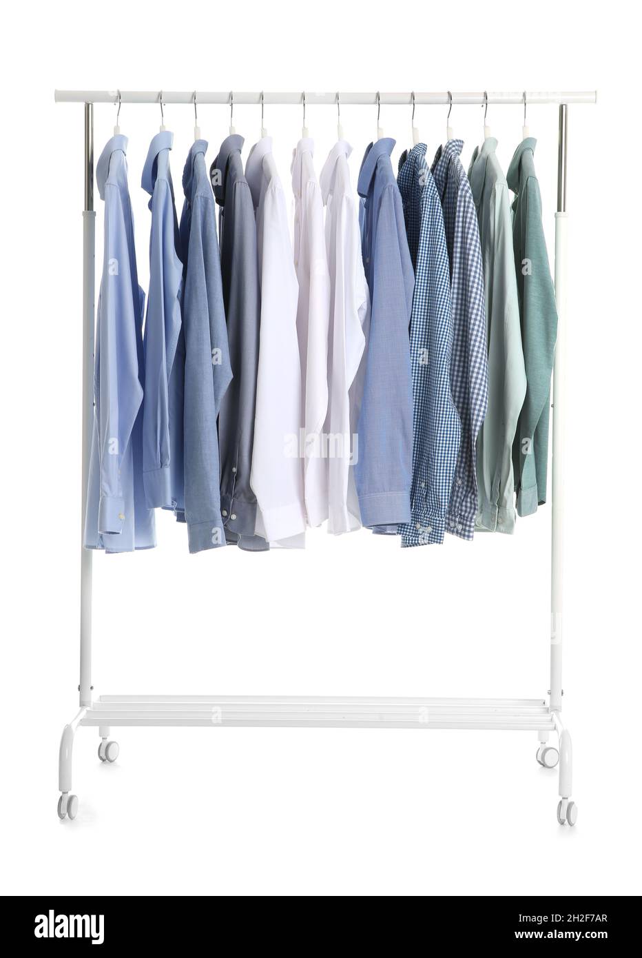 Wardrobe rack with men clothes on white background Stock Photo - Alamy