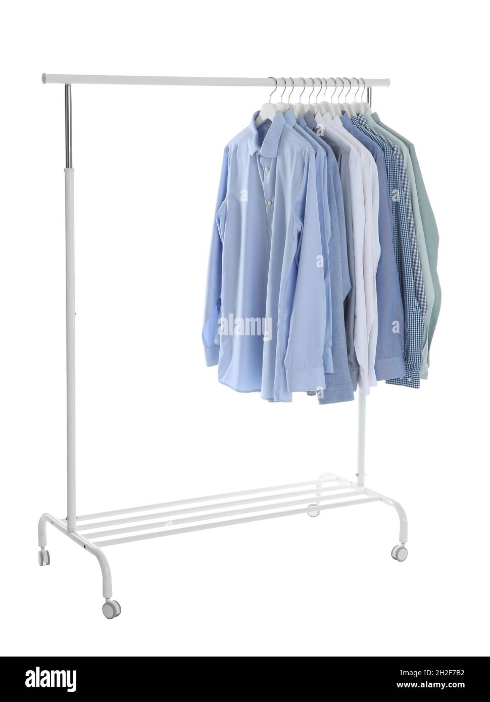 Wardrobe rack with men clothes on white background Stock Photo - Alamy