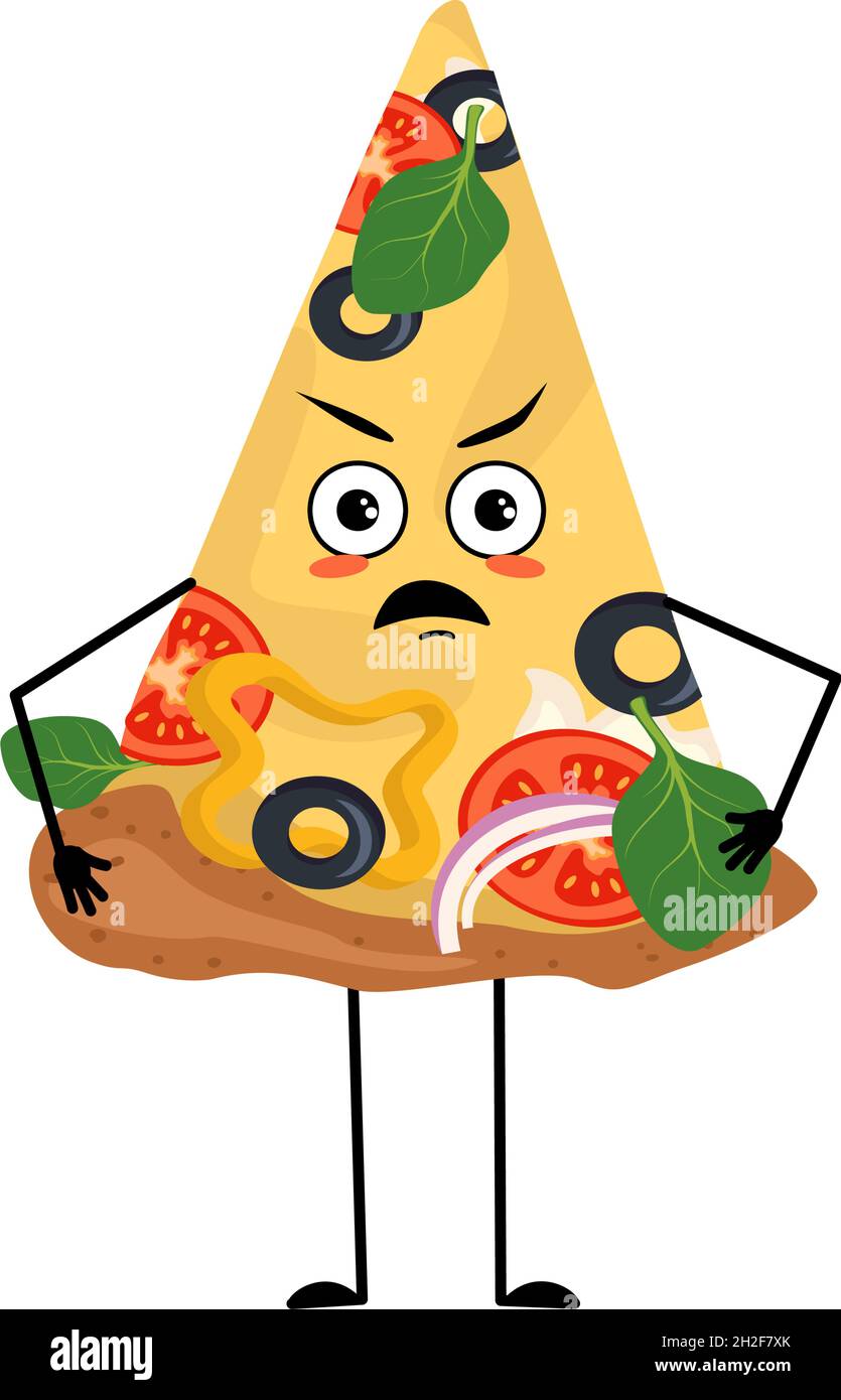 Cute pizza character with angry emotions, face, arms and legs. The ...