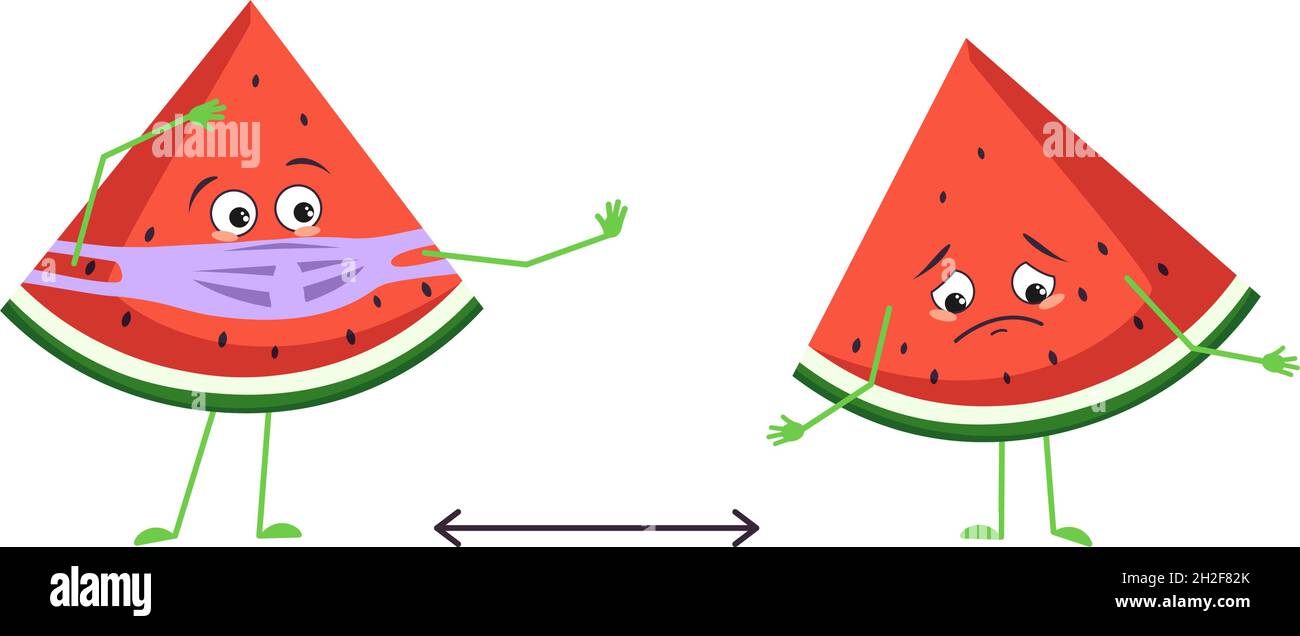 Cute watermelon characters with emotions, face and mask keep distance ...