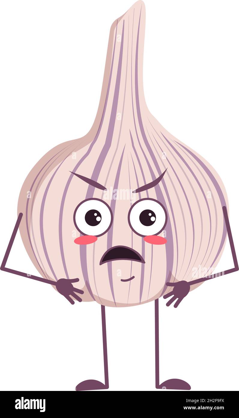 Cute garlic characters with angry emotions, face, arms and legs. The ...