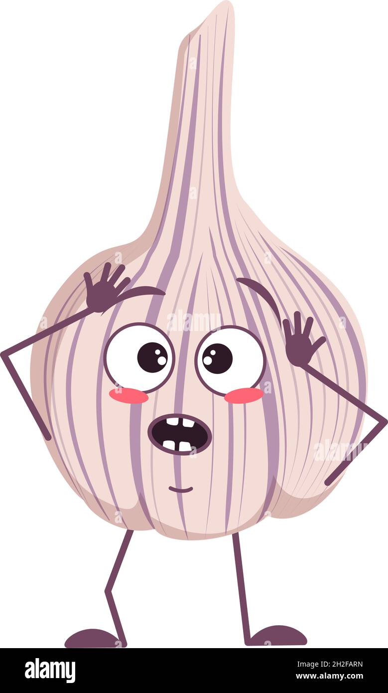Cute garlic characters with emotions in a panic grabs his head, face ...