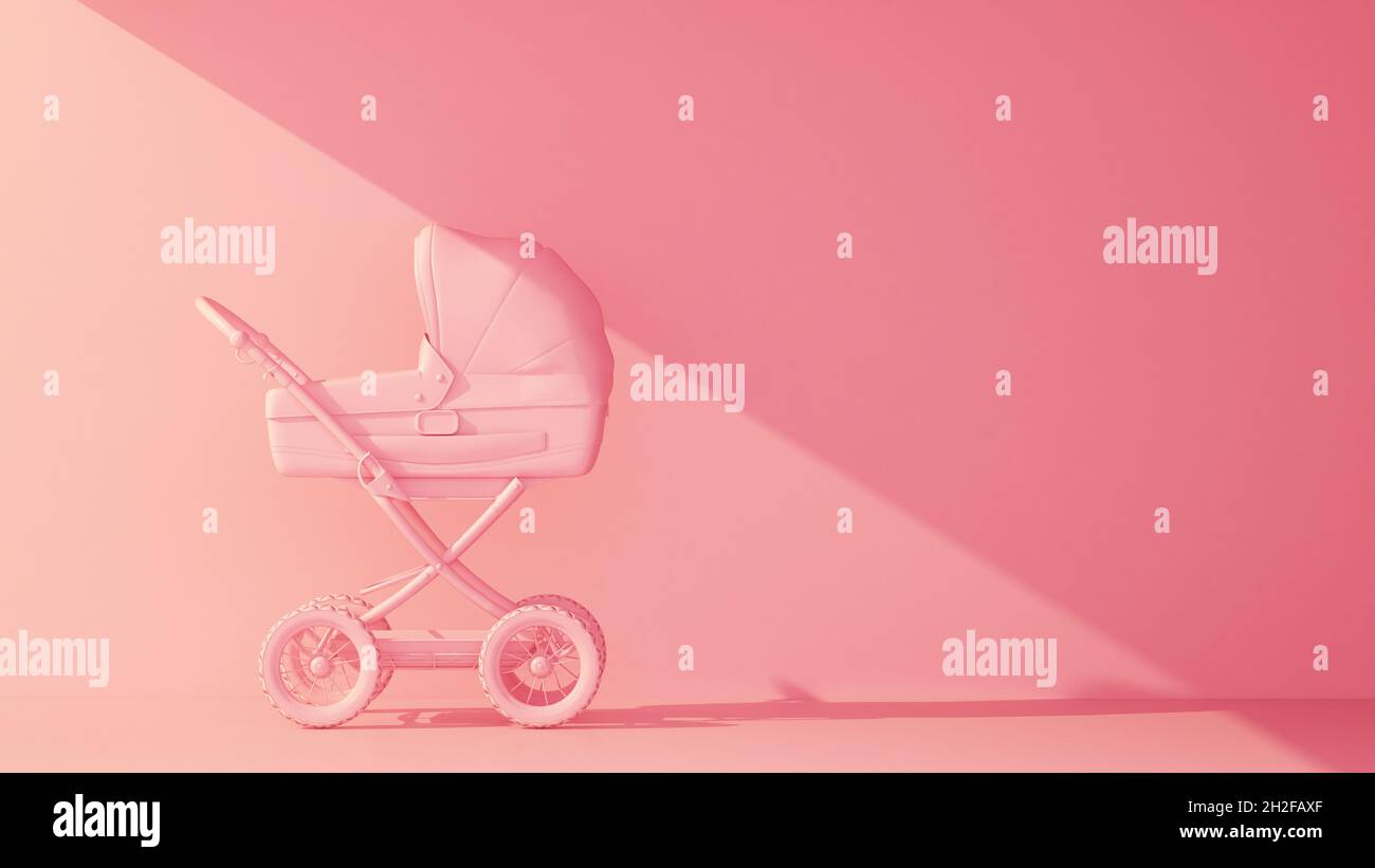 pink baby stroller side view on pink background. 3d rendering Stock ...