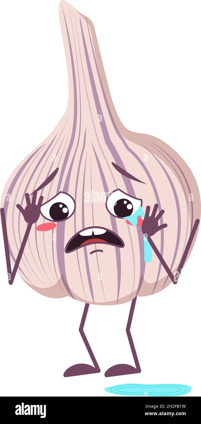 Cute garlic characters with crying and tears emotions, face, arms and ...