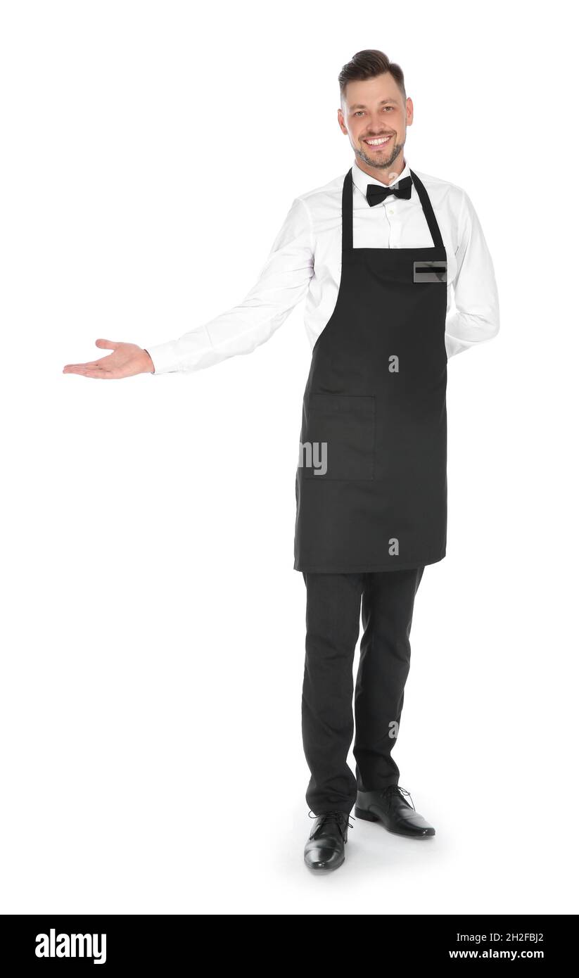 Full length portrait of handsome waiter in elegant uniform on white ...