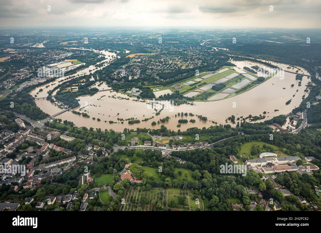 Aerial photograph, Ruhr flood, flooding, Ruhr loop Überruhr, Essen ...