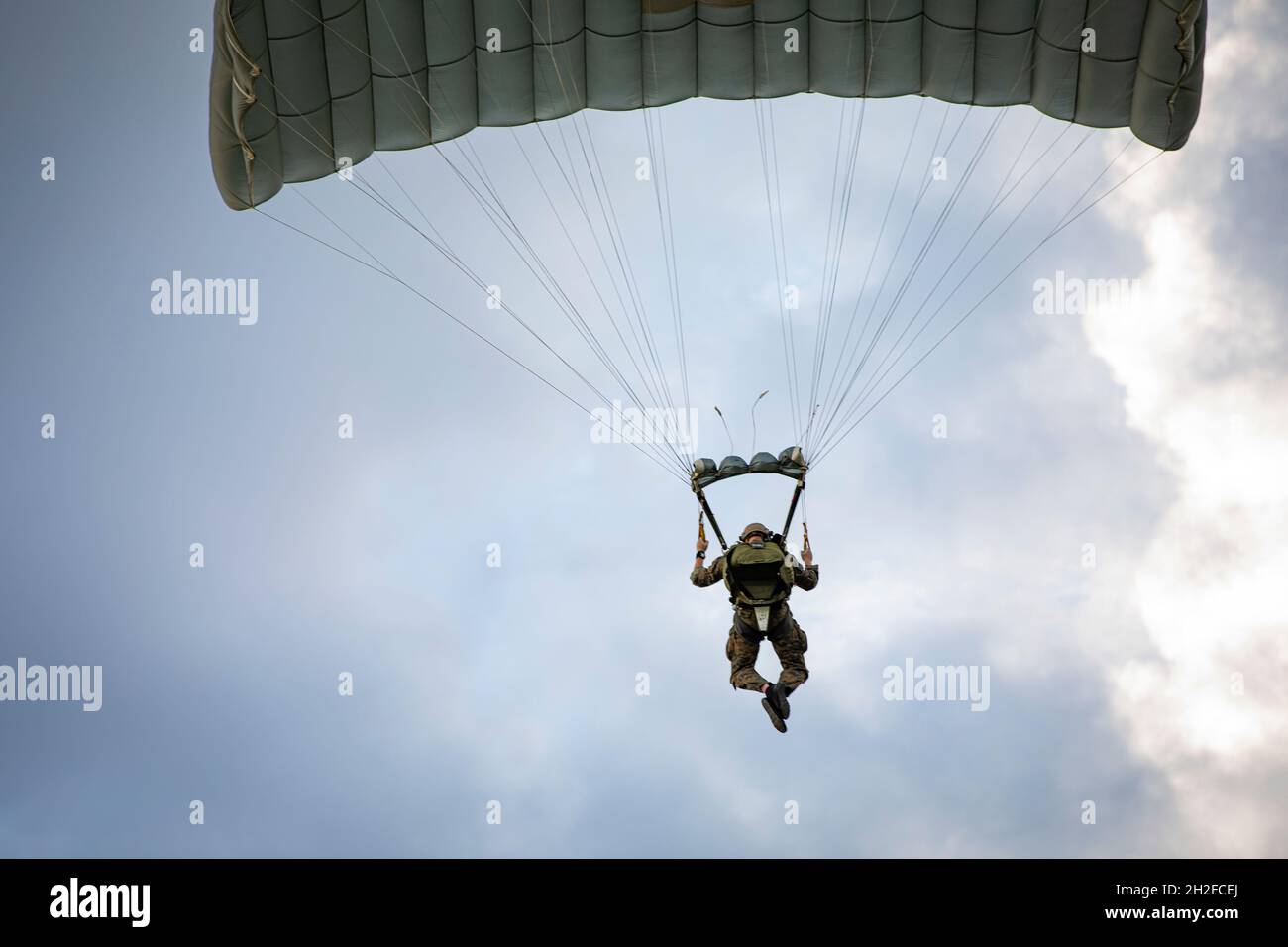 A U.S. Marine with the Maritime Raid Force (MRF) conducts parachute ...