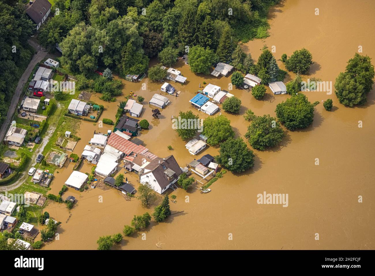 Aerial view, Ruhr flood, flooding,flooded campsite at Kempel in ...
