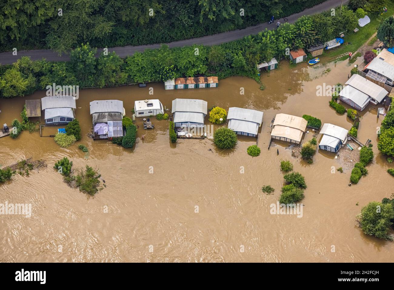 Aerial view, Ruhr flood, flooding,flooded campsite at Kempel in ...