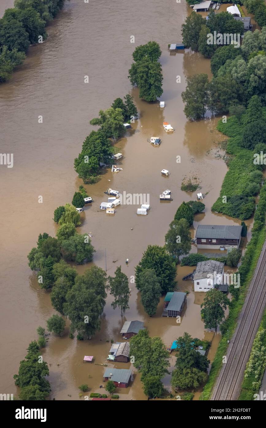Aerial view, Ruhr flood, flooded campsite, flooding, Annen, Witten ...