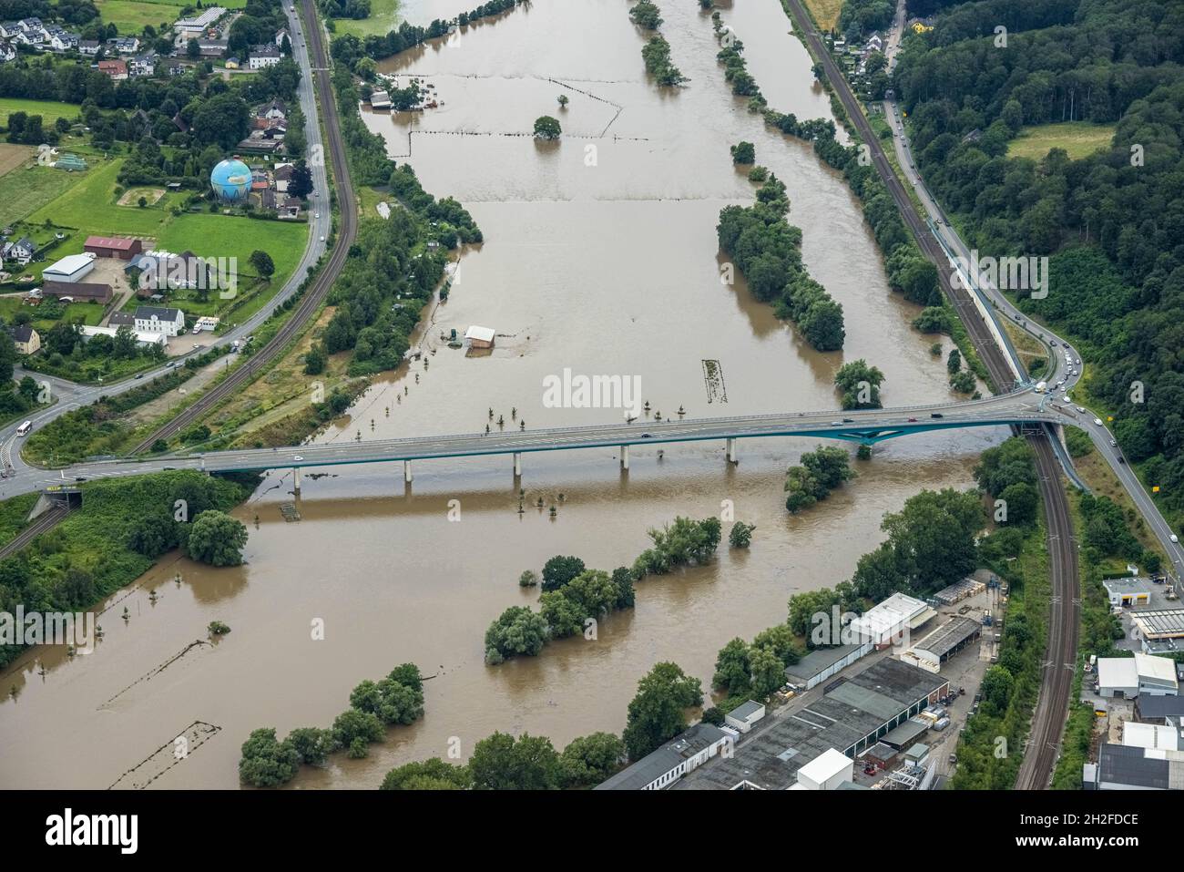 Aerial view, Ruhr flood, flooding, weather, Ruhr area, North Rhine ...