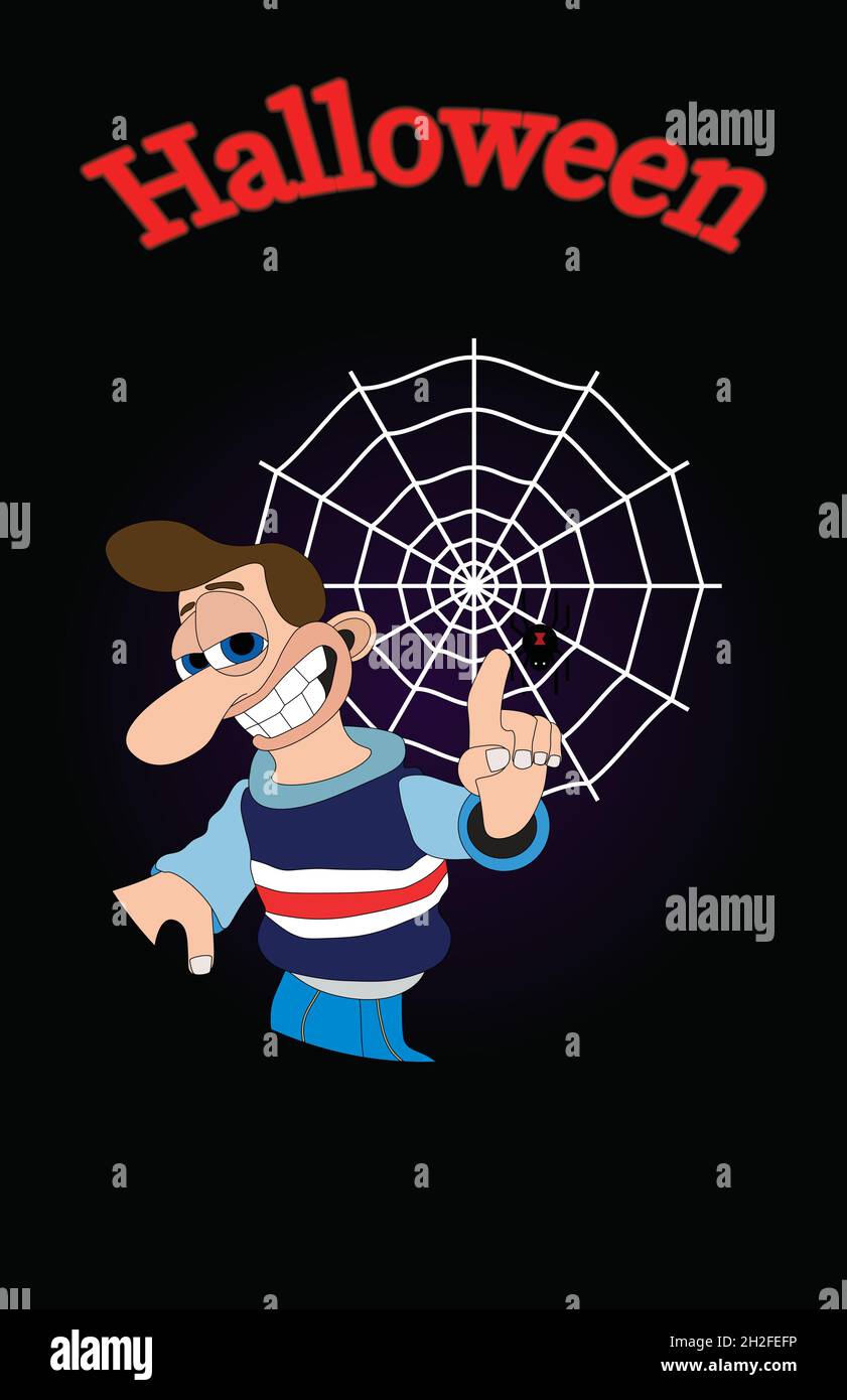 Man with a cheeky smile and big nose pointing at a black widow round ...