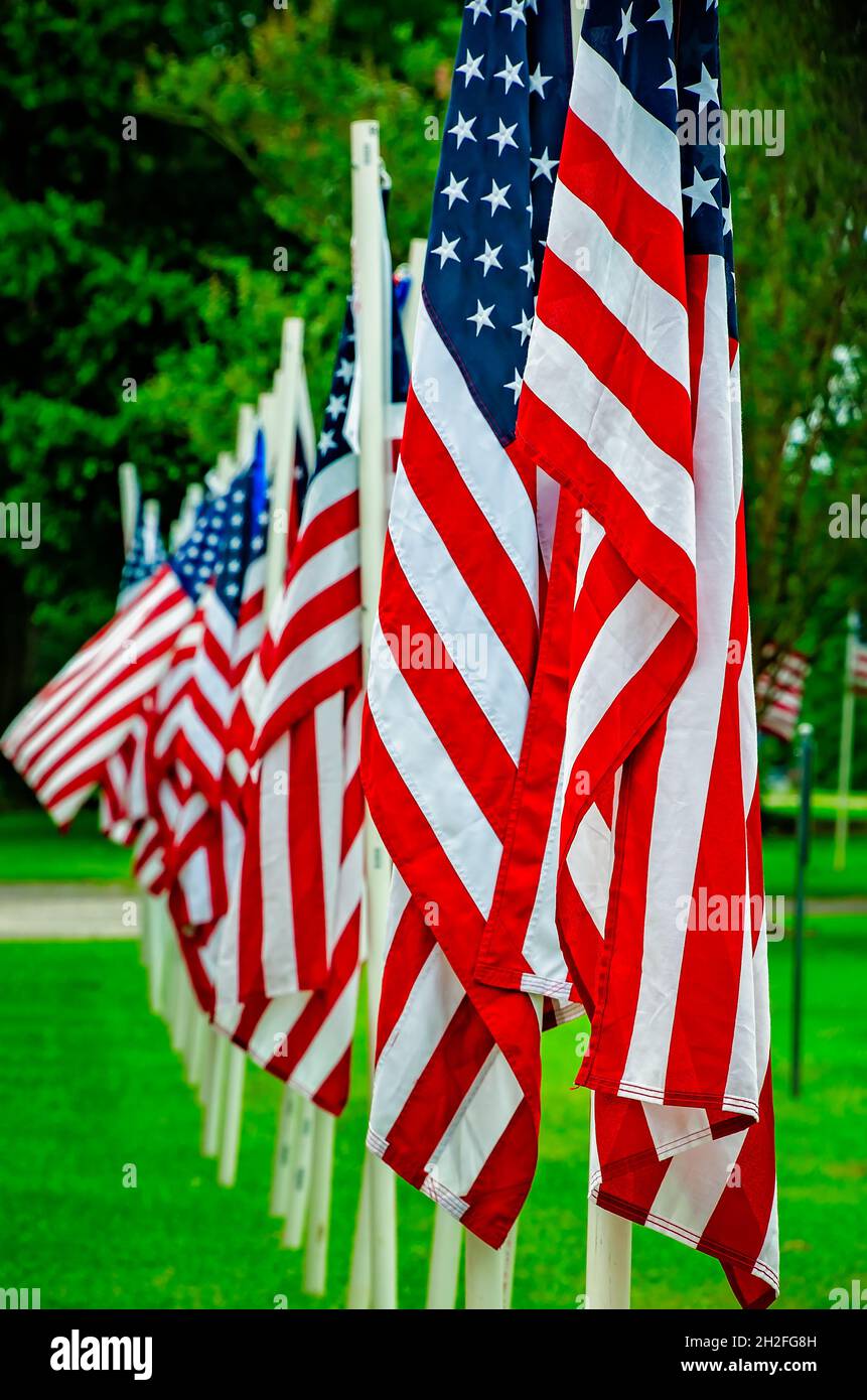 American flags are grouped in a roadside display for the Fourth of July ...