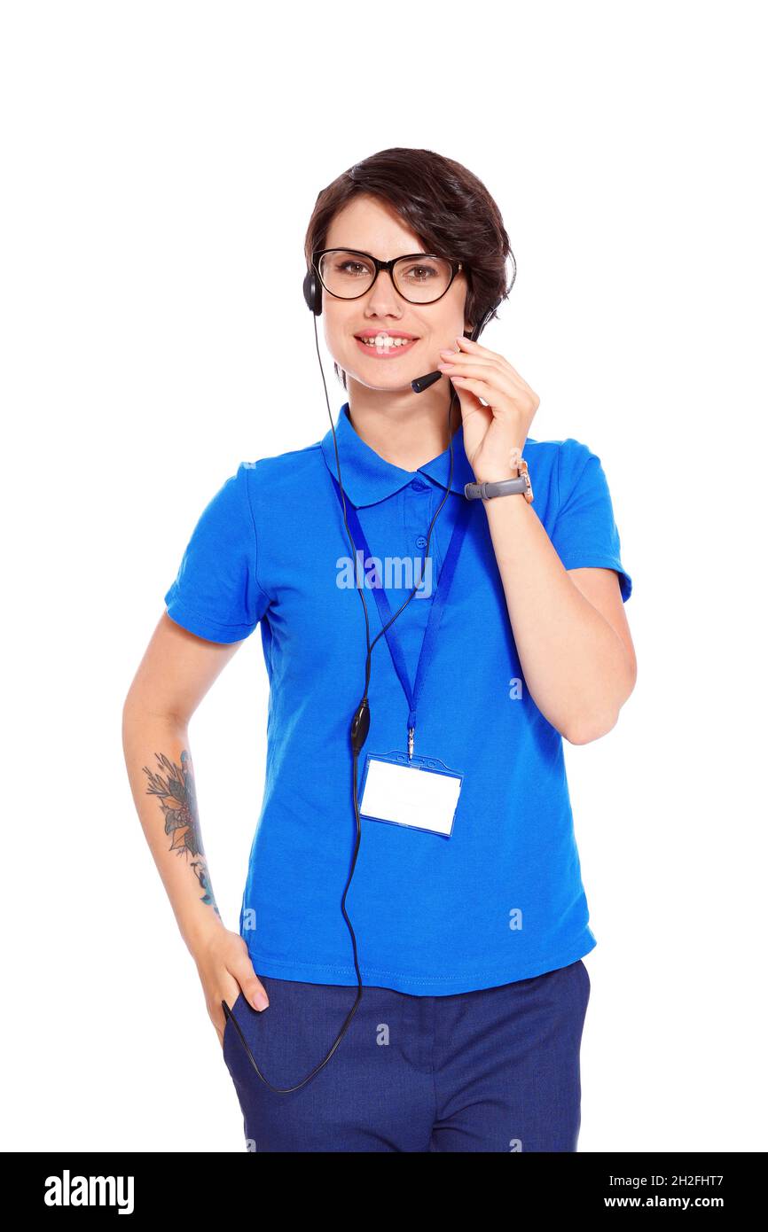 Female technical support operator with headset on white background ...