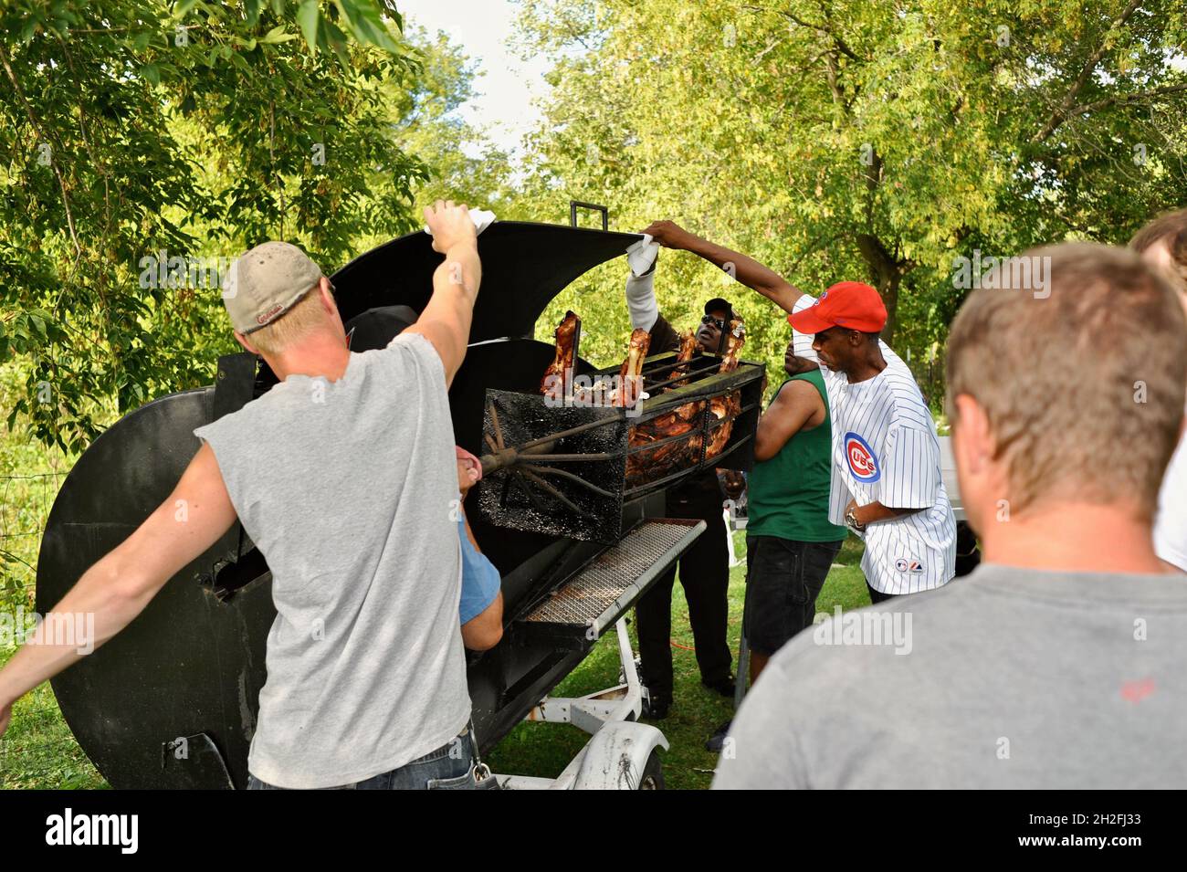 Moving the heavy spit-roasted whole pig hog to preparation table ...