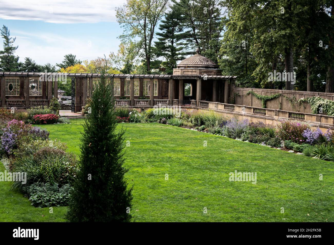 Right side view of the Italian Formal Garden with flowers in bloom ...