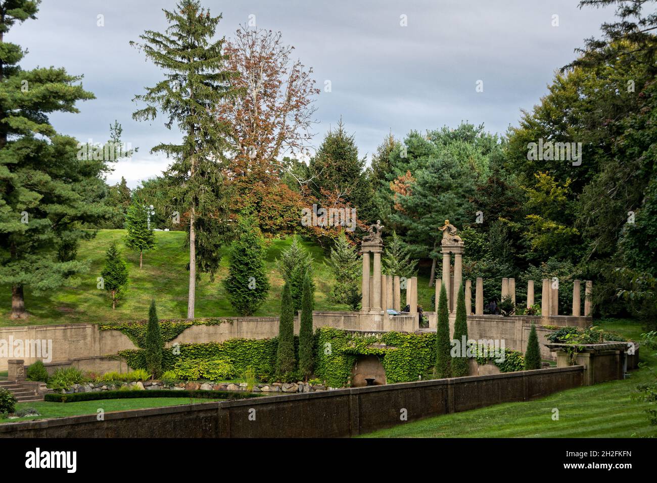 Wide view of the statues and columns at the entrance to the Italian ...