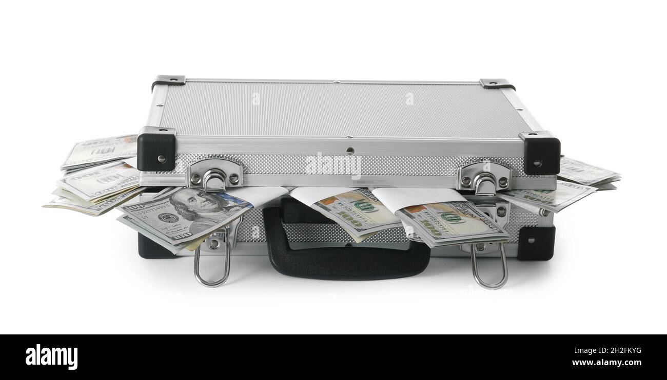 Hard case full of money on white background Stock Photo - Alamy