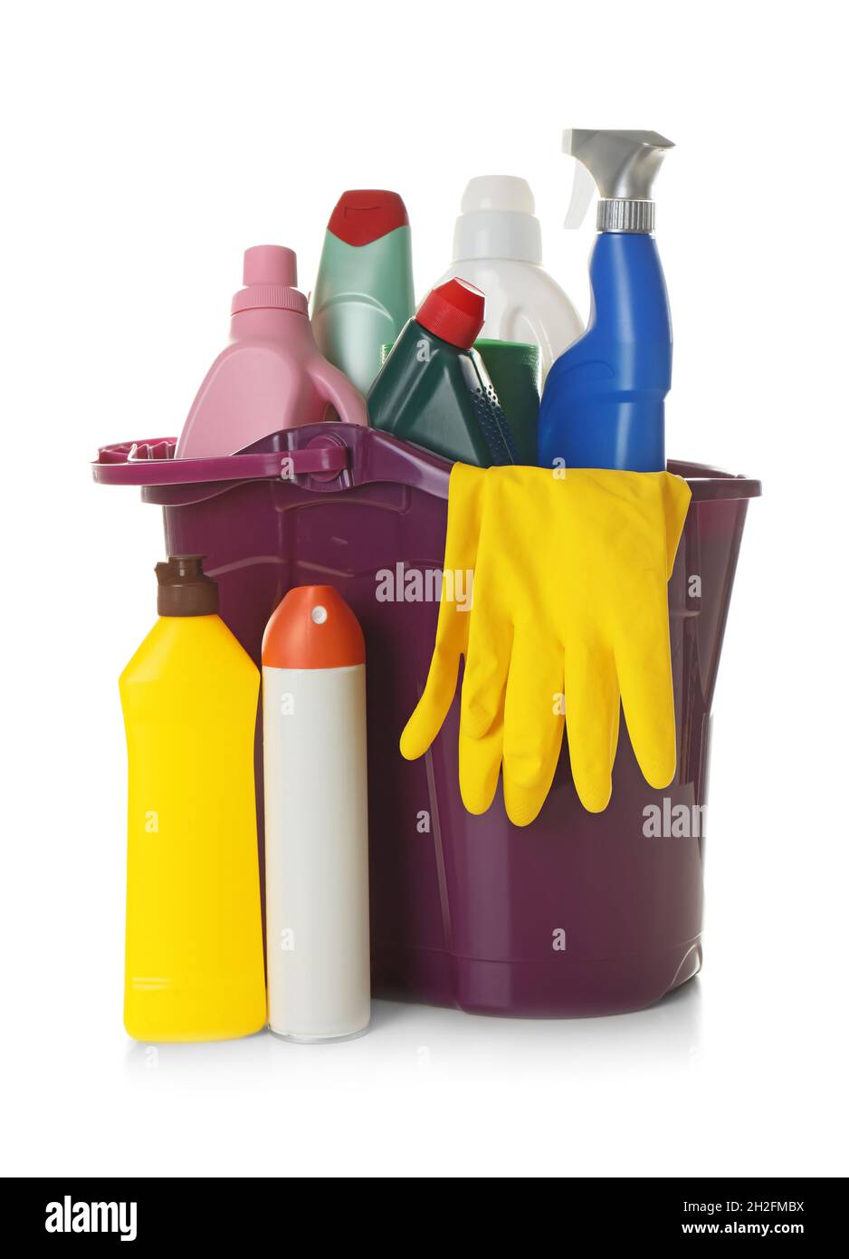 Bucket with cleaning supplies on white background Stock Photo - Alamy