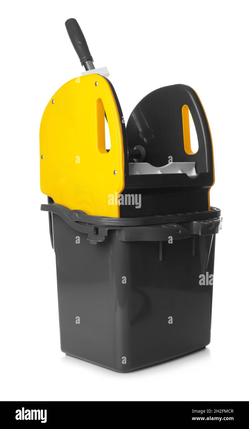 Empty mop bucket for cleaning on white background Stock Photo - Alamy