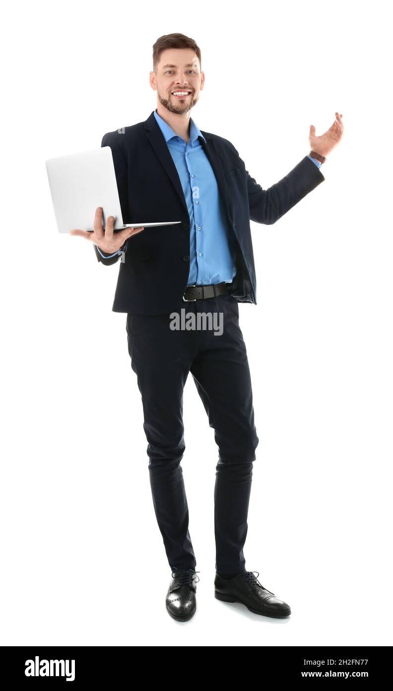 Male teacher with laptop on white background Stock Photo - Alamy