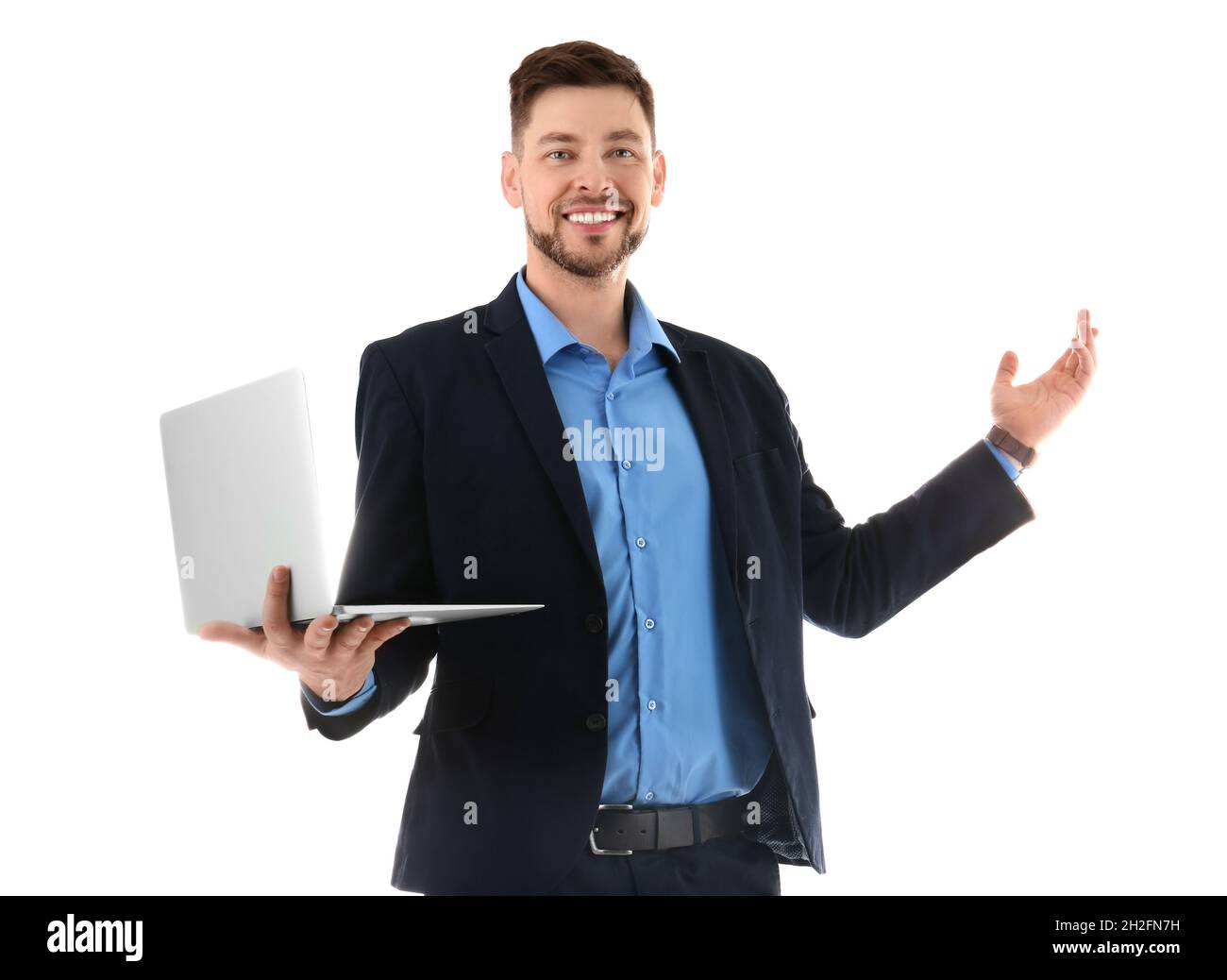 Portrait of male teacher with laptop on white background Stock Photo ...