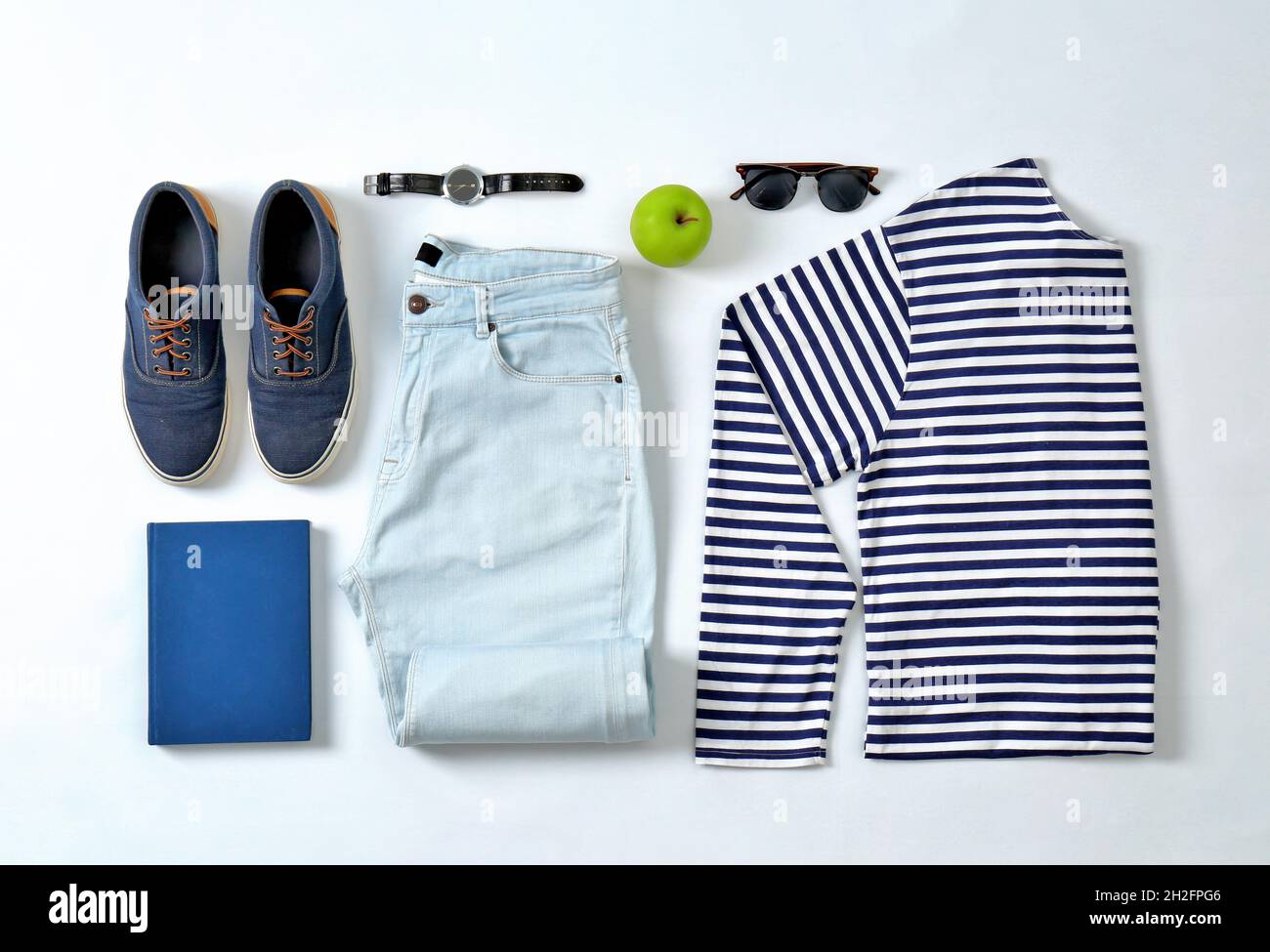 Flat lay set of stylish male clothes and accessories on white ...