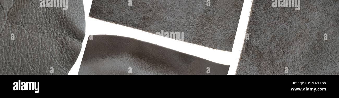 Leather banner. Leather production.Genuine leather in gray tones ...