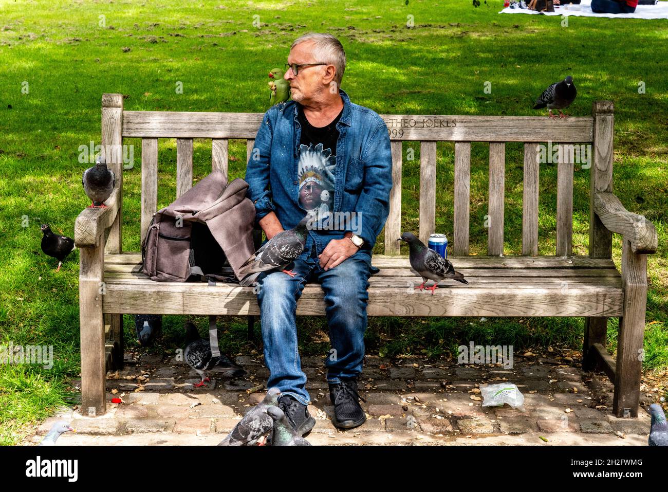 A Middle Aged Man With A Parrot On His Shoulder Feeds The Pigeons In ...
