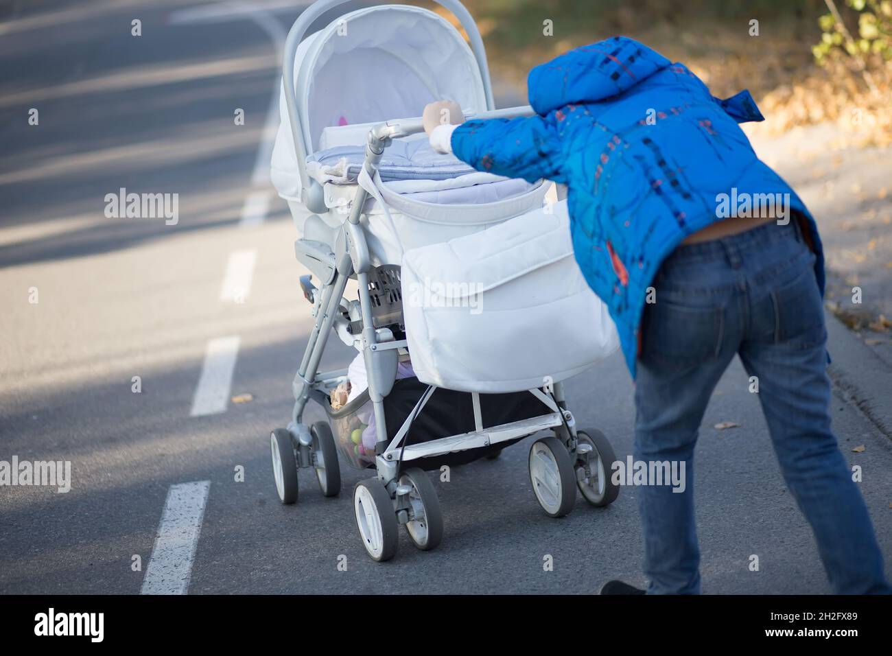 A boy pushes a white stroller with his sister in autumn. Family ...
