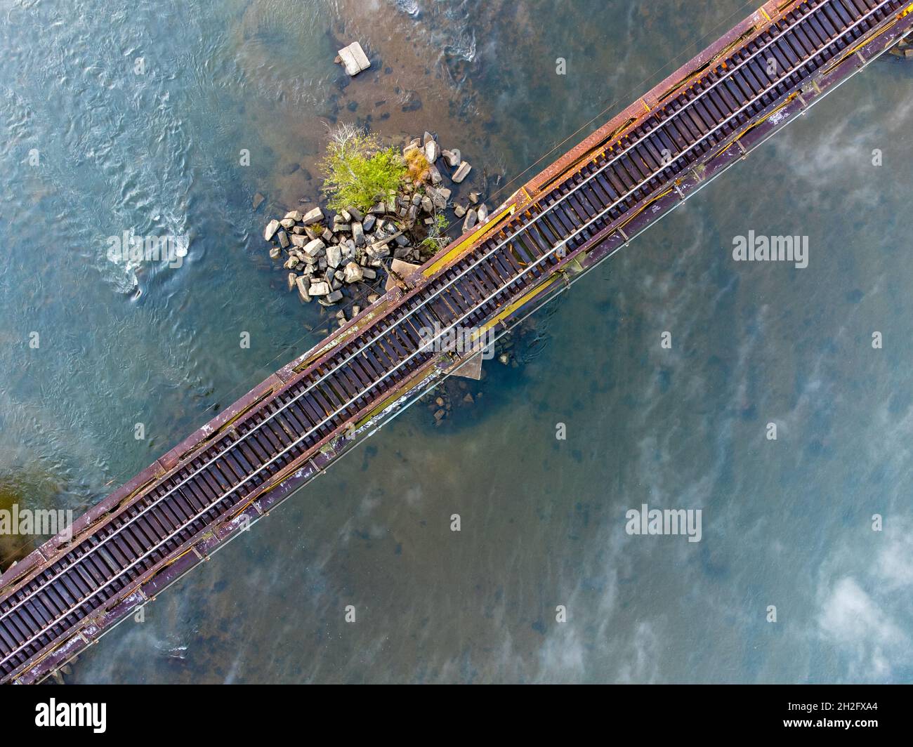 Top down view of railroad trestle over Catawba River in South Carolina ...