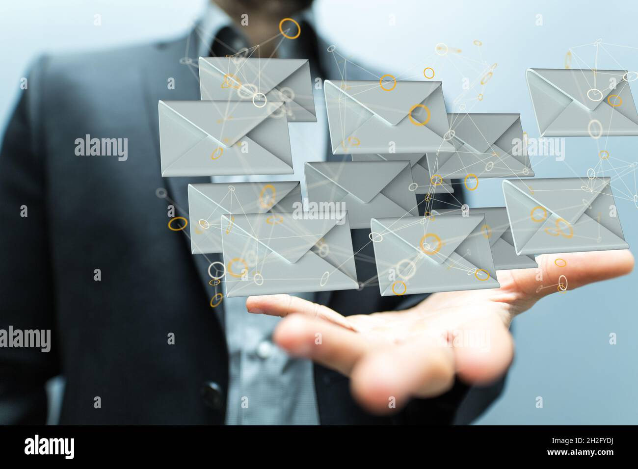 3D rendering of digital envelopes floating on hand- online communication concept Stock Photo - Alamy