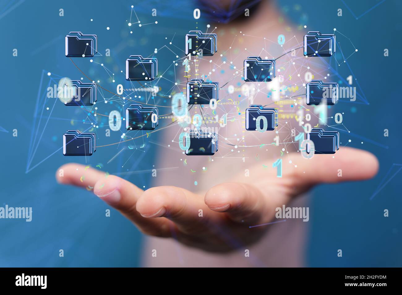 3D rendering of digital folders with binary codes floating on hand- online data storage concept ...