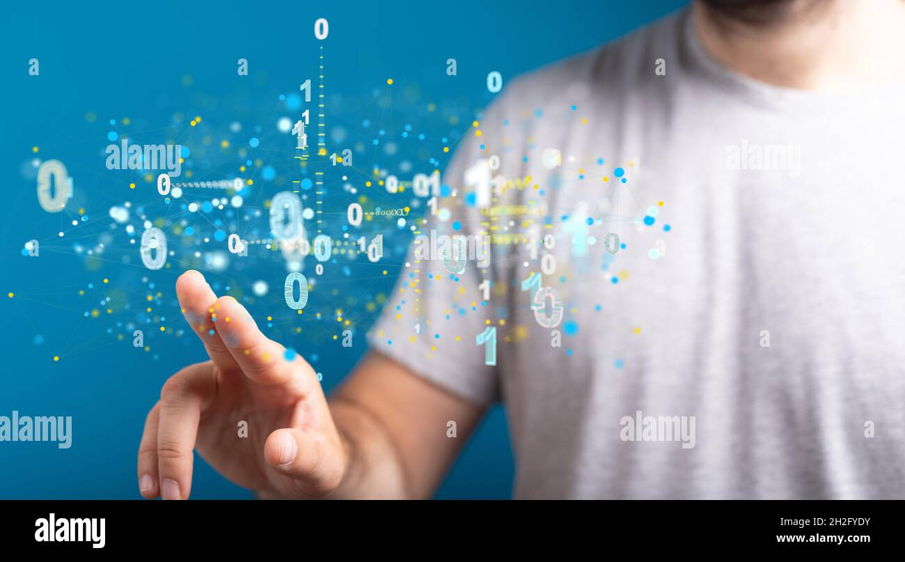 3d Rendering Of Floating Binary Codes With Hand Touching It From Behind