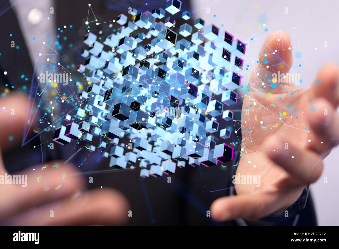 3d rendering of polygonal wireframe art looks like constellation with binary codes floating on ...