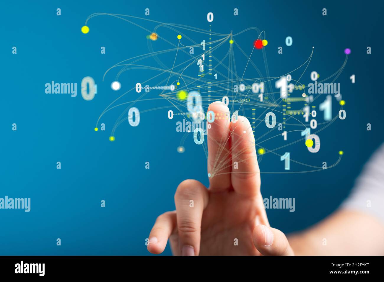 3d Rendering Of Floating Binary Codes With Hand Touching It From Behind