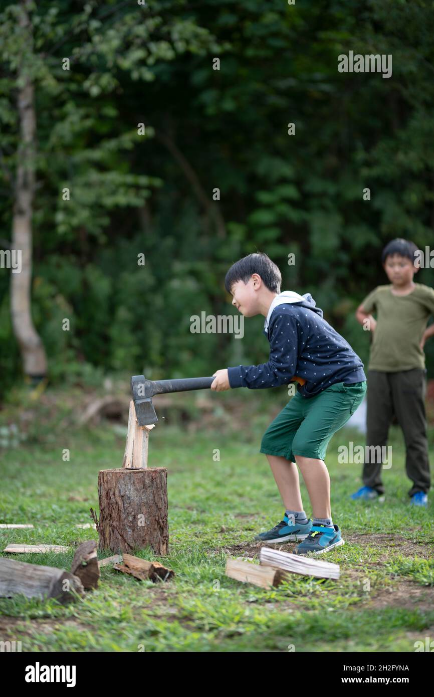 Child Chopping Wood Stock Photo - Alamy